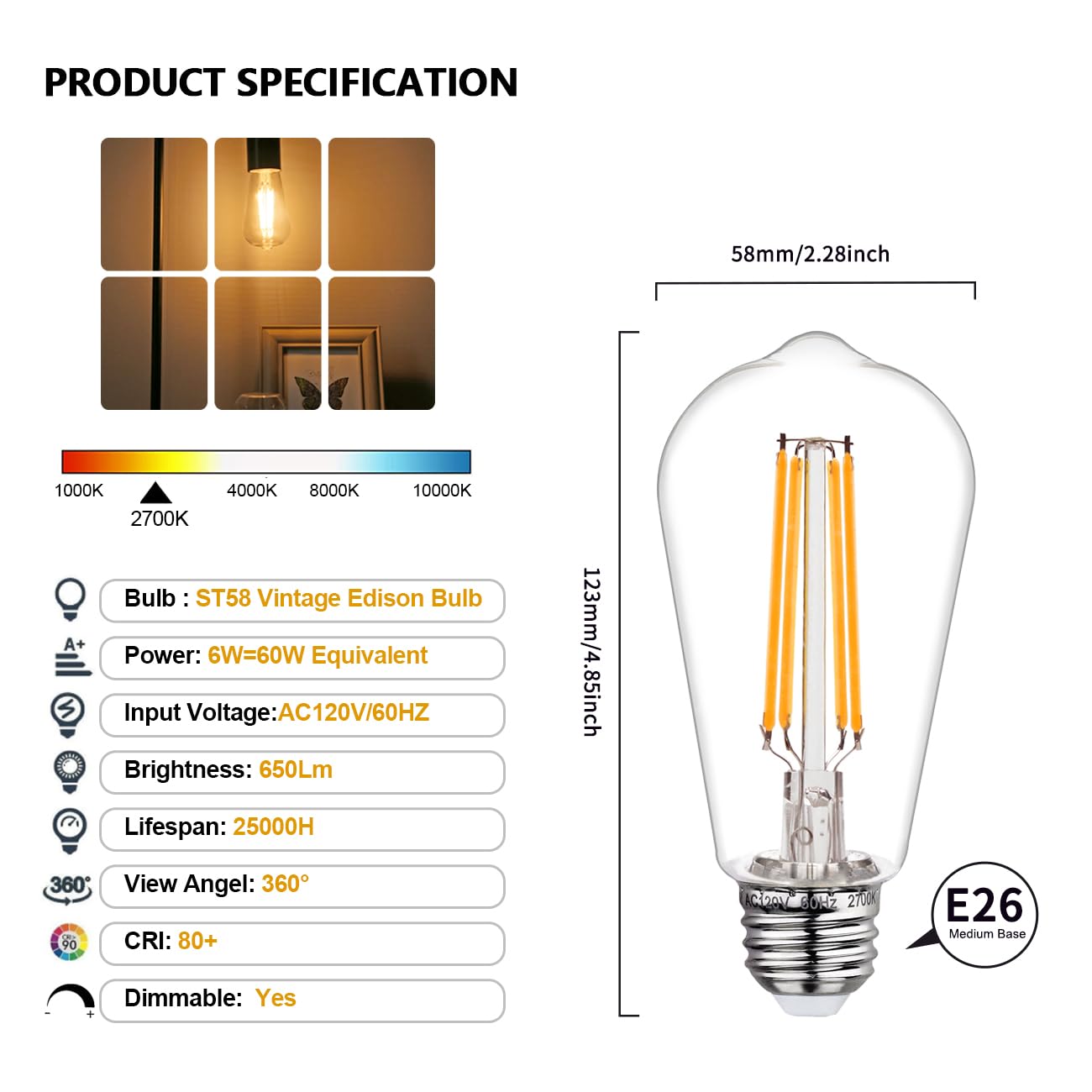 BORT ST58/ST19 Vintage LED Edison Bulbs, Warm White 2700K, Dimmable 6W Edison Light Bulbs, 60W Equivalent, 700LM, E26 Standard Base Filament LED Bulb, Clear Plastic - 12Pack