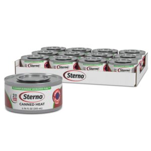 sterno green canned heat ethanol fuel can - ethanol gel cans with 2.25-hour burn time, chafing dish fuel cans & gel fuel cans for fire bowl - fuel cans for food warmer & portable stoves - pack of 12