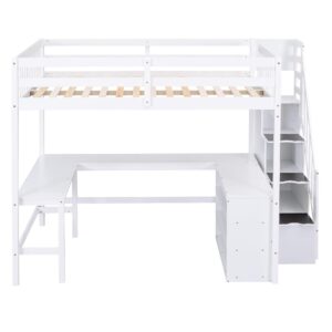 Full Size Loft Bed with Stairs and Desk, Wood Loft Beds with Storage Staircase, High Loft Bed Frame with Bookcase Shelves & L-Shape Desk for Kids, Teen, Boys, Girls, White