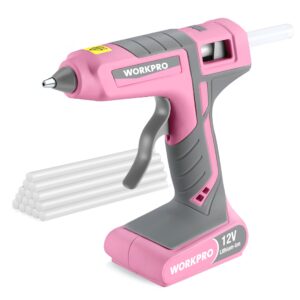 workpro full size cordless hot melt glue gun - 12v rechargeable fast preheating glue gun kit with 15pcs full size glue sticks, auto power-off glue gun for diy project, art, craft - pink ribbon