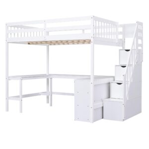 Full Size Loft Bed with Stairs and Desk, Wood Loft Beds with Storage Staircase, High Loft Bed Frame with Bookcase Shelves & L-Shape Desk for Kids, Teen, Boys, Girls, White