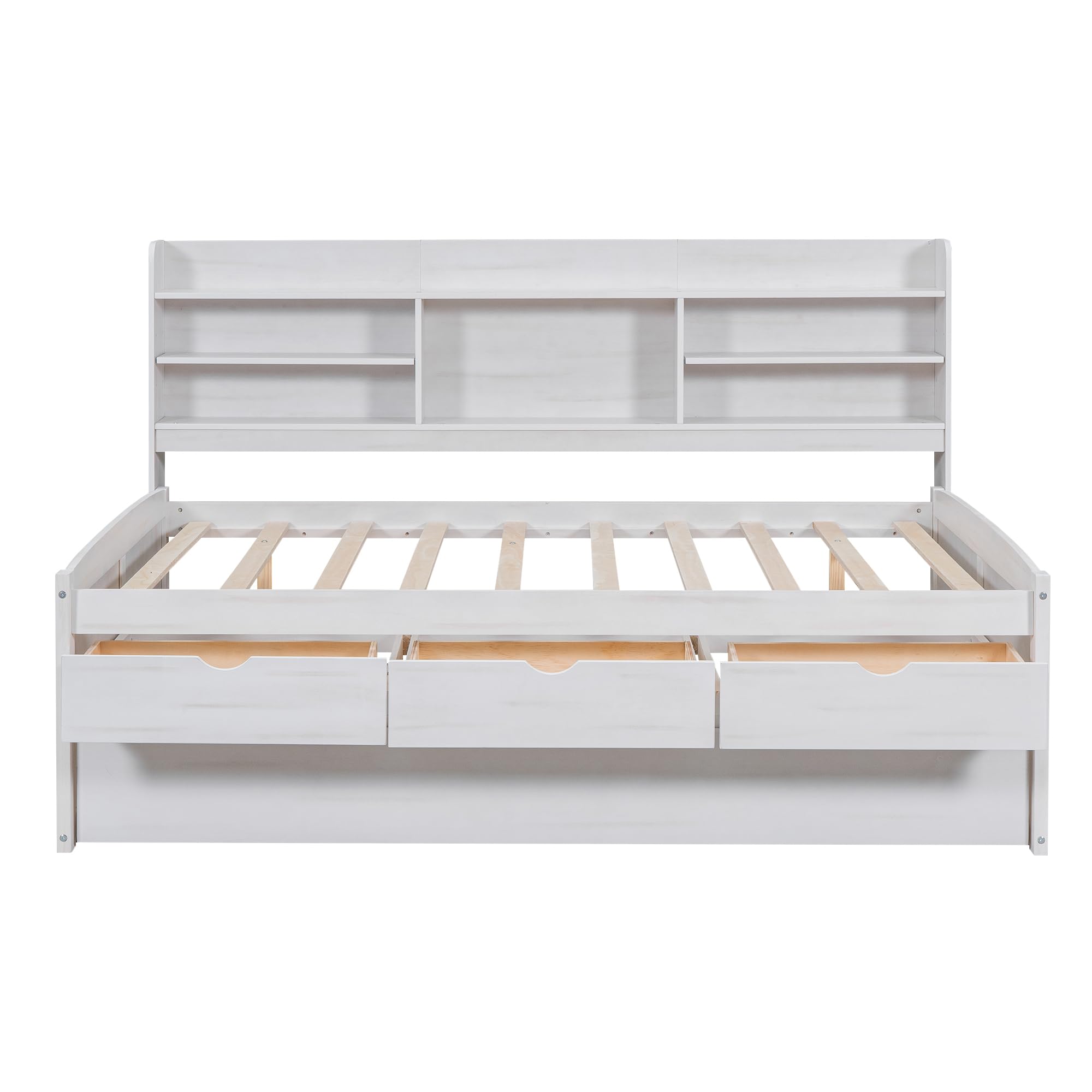 Harper & Bright Designs Full Size Daybed with Trundle and 3 Storage Drawers, Full Captains Bed with Built-in Bookshelves for Girls Boys,Wooden Daybed with Trundle Bed Twin,White Wash