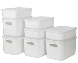 zexalor 8 pcs storage bins with lids, stackable plastic storage containers for organizing, organizer bins shelf baskets for pantry cabinet shelves desktop freezer drawer organization (white, 4m+4s)