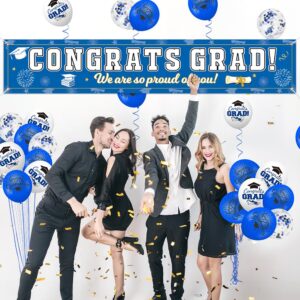 AKEROCK Graduation Decorations Class of 2024, Graduation Banner for Yard, Congrats Grad Banner for Congratulations Decorations, Includes 32 Balloons and 2 Rolls of Ribbon, Blue