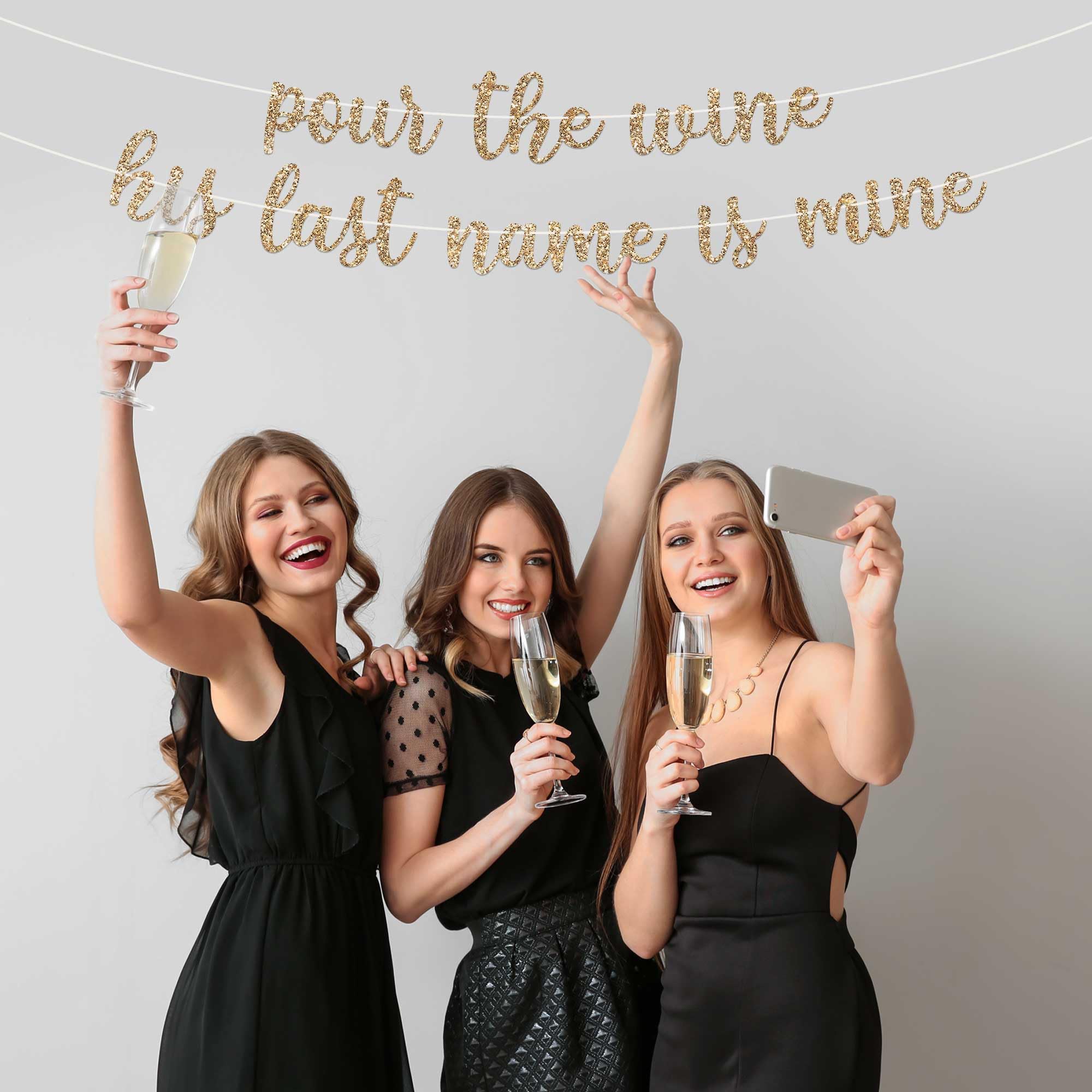 Pre-Strung Pour The Wine His Last Name Is Mine Banner - NO DIY - Gold Glitter Bachelorette Bridal Party Banner - Pre-Strung Garland on 8 ft Strand - Gold Bachelorette Party Decorations. Did we mention no DIY?