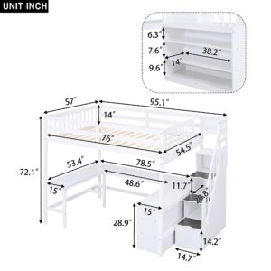 Full Size Loft Bed with Stairs and Desk, Wood Loft Beds with Storage Staircase, High Loft Bed Frame with Bookcase Shelves & L-Shape Desk for Kids, Teen, Boys, Girls, White