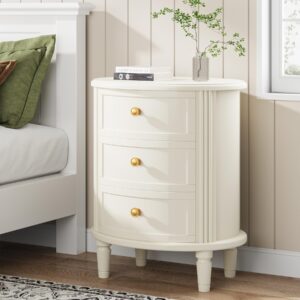 tribesigns nightstand with 3 drawers, oval bed side table for bedroom, fully assembled, modern night stand with storage, wooden side end table with solid wood legs for living room, beige white