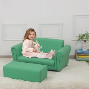 Getifun Kids Sofa Chair with Ottoman/Double Seat with Stool/PVC Leather Toddler Couch with Plastic Legs/Upholstered Children Armchair for Kids Under 4 Years Old (Cyan, Double)