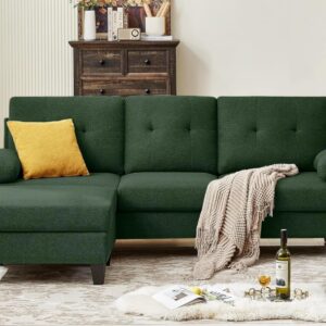 Pingliang Home Sectional Sofa Couch for Living Room, Deep 3-Seater L Shaped Couches 86" Convertible Sofas with Ottoman, Modern Linen Upholstered (Dark Green)