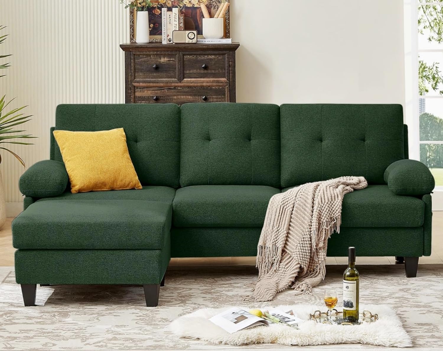 Pingliang Home Sectional Sofa Couch for Living Room, Deep 3-Seater L Shaped Couches 86" Convertible Sofas with Ottoman, Modern Linen Upholstered (Dark Green)