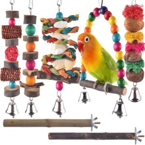 bissap bird chew toys, 7 packs parakeet natural wood toys parrot hanging cage toy bird perch stand for small bird conure cockatiel parrotlet lovebird budgie