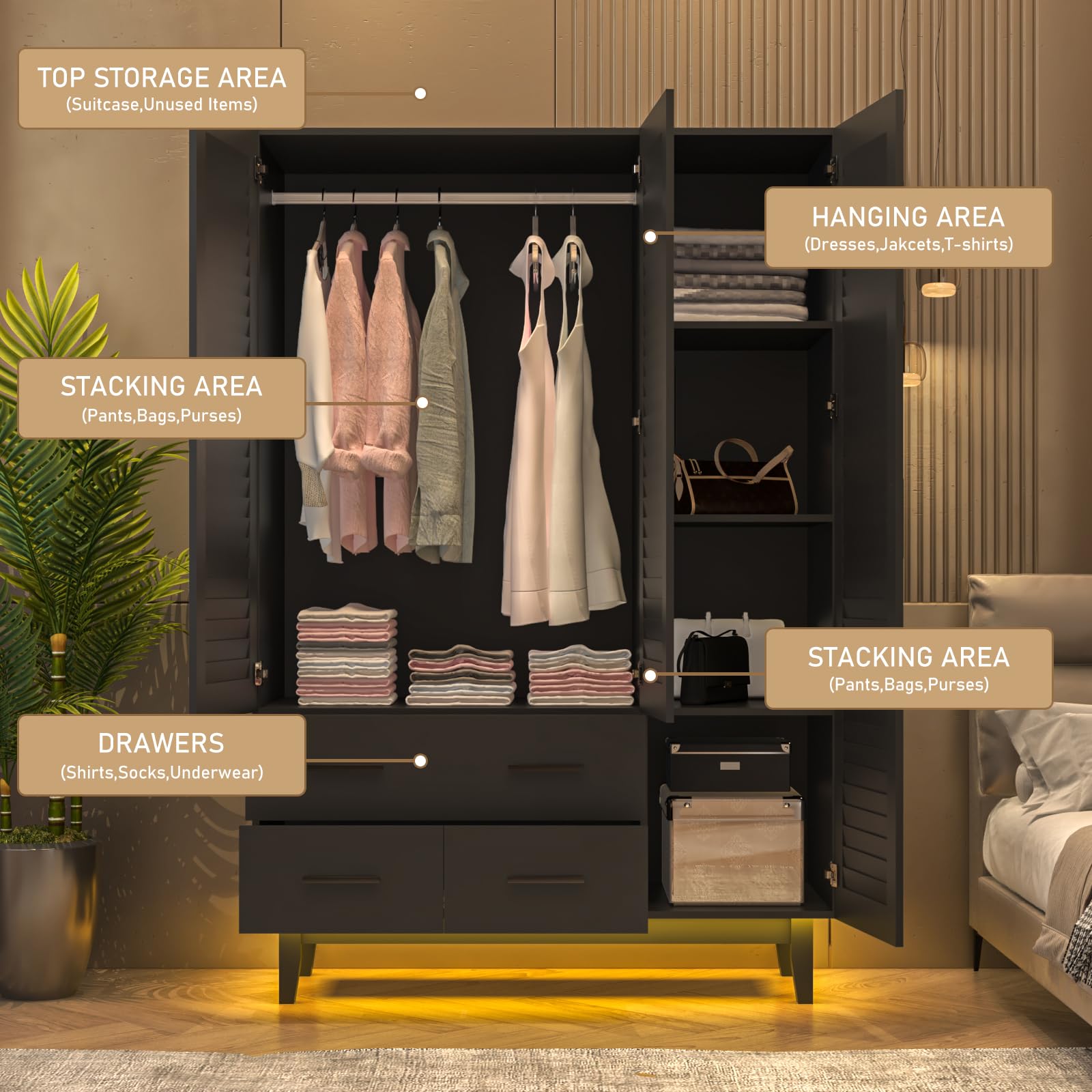 Hlivelood 3 Door Armoire Wardrobe Closet Cabinet with Drawers and LED Lights, Multi-Tier Shelves, Hanging Rod & 3 Louver Doors, Large Capacity Storage Wardrobe Armoire for Bedroom, Black