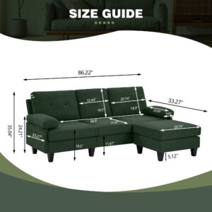 Pingliang Home Sectional Sofa Couch for Living Room, Deep 3-Seater L Shaped Couches 86" Convertible Sofas with Ottoman, Modern Linen Upholstered (Dark Green)