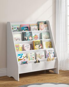 seirione sturdy kids bookshelf, book shelf for kids room with tear-proof oxford sling, eco-safe toddler bookshelf, childrens bookshelf with ideal height for quick book access, white/wood texture