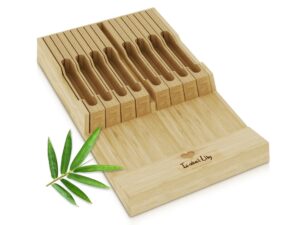 isabel lily - bamboo kitchen knife holder for drawer | organize 8 short and 8 long knives and 1 sharpener | anti-slip surface | includes microfiber cloth