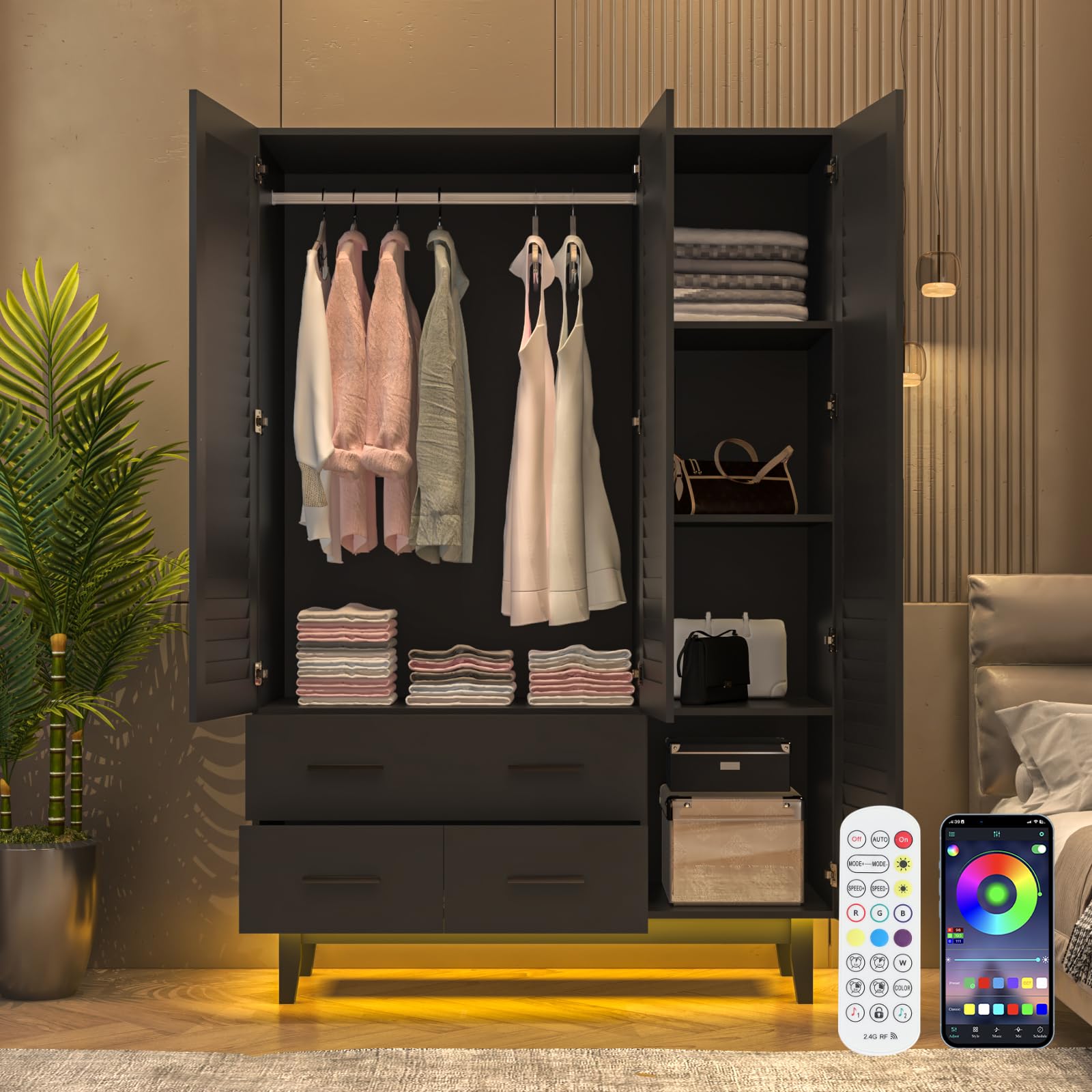 Hlivelood 3 Door Armoire Wardrobe Closet Cabinet with Drawers and LED Lights, Multi-Tier Shelves, Hanging Rod & 3 Louver Doors, Large Capacity Storage Wardrobe Armoire for Bedroom, Black