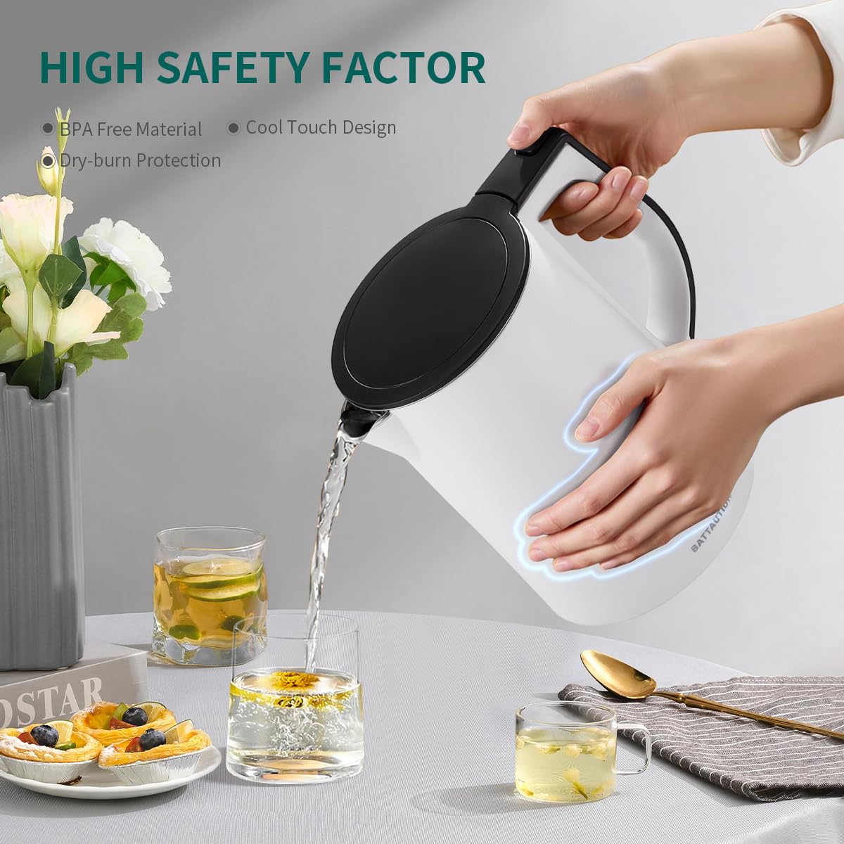 Hot Water Kettle Electric, 1.5 Liter 1000W Instant Kettle for Fast Boil Hot Water with Stainless Steel Double Wall White Electric Water Kettle