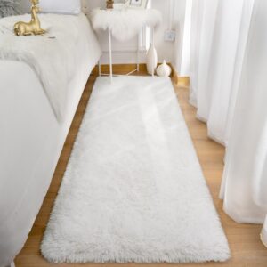 Terrug Fluffy Runner Rug for Bedroom Living Room, 2x6 White Area Rug Washable Shag Carpet, Super Soft Fuzzy Plush Non-Slip Cute Kids Rug for Nursery Hallway Bedside College Dorm Kids Room Decor