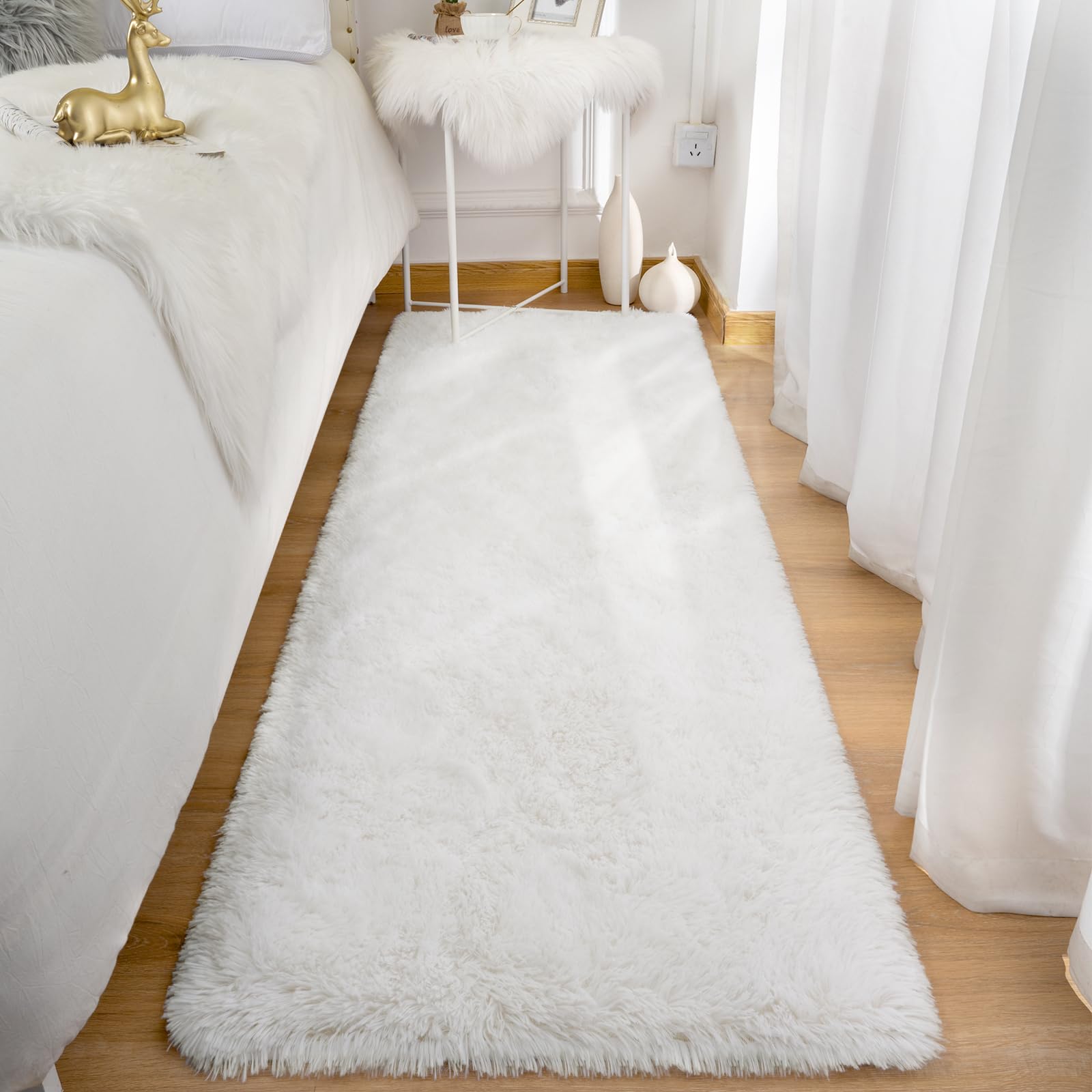 Terrug Fluffy Runner Rug for Bedroom Living Room, 2x6 White Area Rug Washable Shag Carpet, Super Soft Fuzzy Plush Non-Slip Cute Kids Rug for Nursery Hallway Bedside College Dorm Kids Room Decor