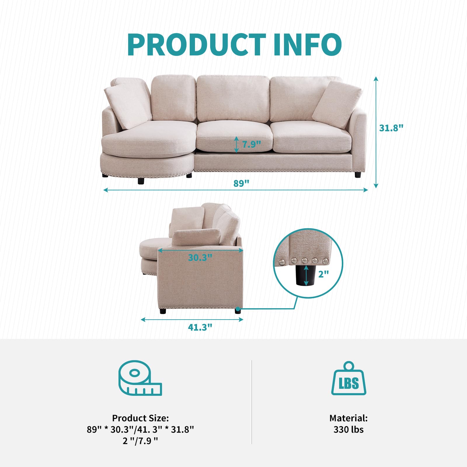 BALUS 89''W Sectional Sofa Couch with Chaise,Cloud Couch 3 Seat L-Shaped Sofa with 2 Throw Cushions, Modern Linen Fabric Beige Sectional Couches for Living Room