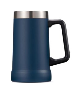 kook beer stein, stainless steel coffee mug, tumbler with thermal vacuum insulation, big grip, adventure, double walled drinking cup, large handle, shatterproof, navy blue, 24 oz