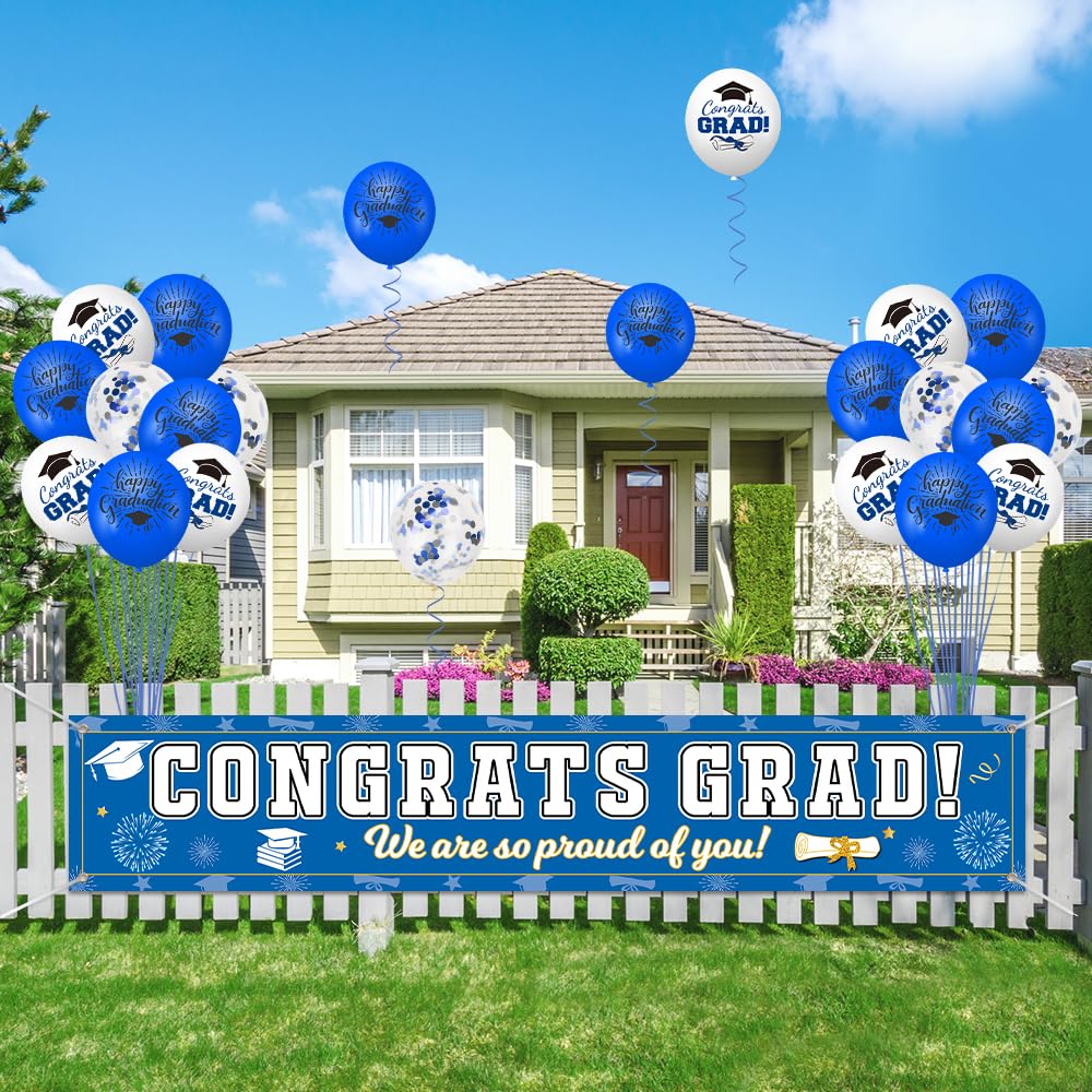 AKEROCK Graduation Decorations Class of 2024, Graduation Banner for Yard, Congrats Grad Banner for Congratulations Decorations, Includes 32 Balloons and 2 Rolls of Ribbon, Blue