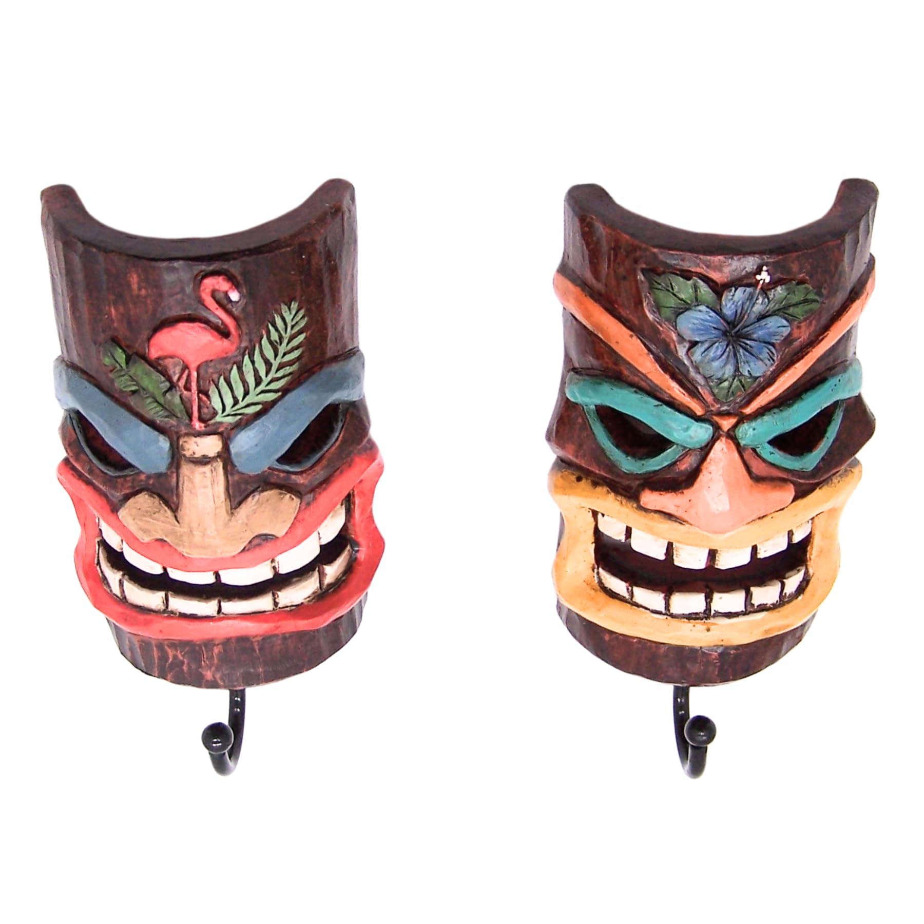 Tiki Mask Wall Hooks, Set of 2 Assorted Designs, Coastal Interior Design, Wall Mounted Decor, 6.5 Inches