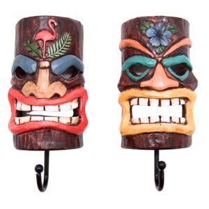 tiki mask wall hooks, set of 2 assorted designs, coastal interior design, wall mounted decor, 6.5 inches