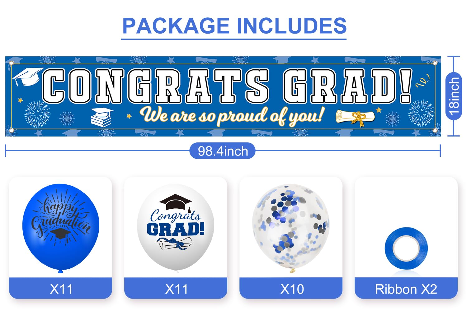 AKEROCK Graduation Decorations Class of 2024, Graduation Banner for Yard, Congrats Grad Banner for Congratulations Decorations, Includes 32 Balloons and 2 Rolls of Ribbon, Blue