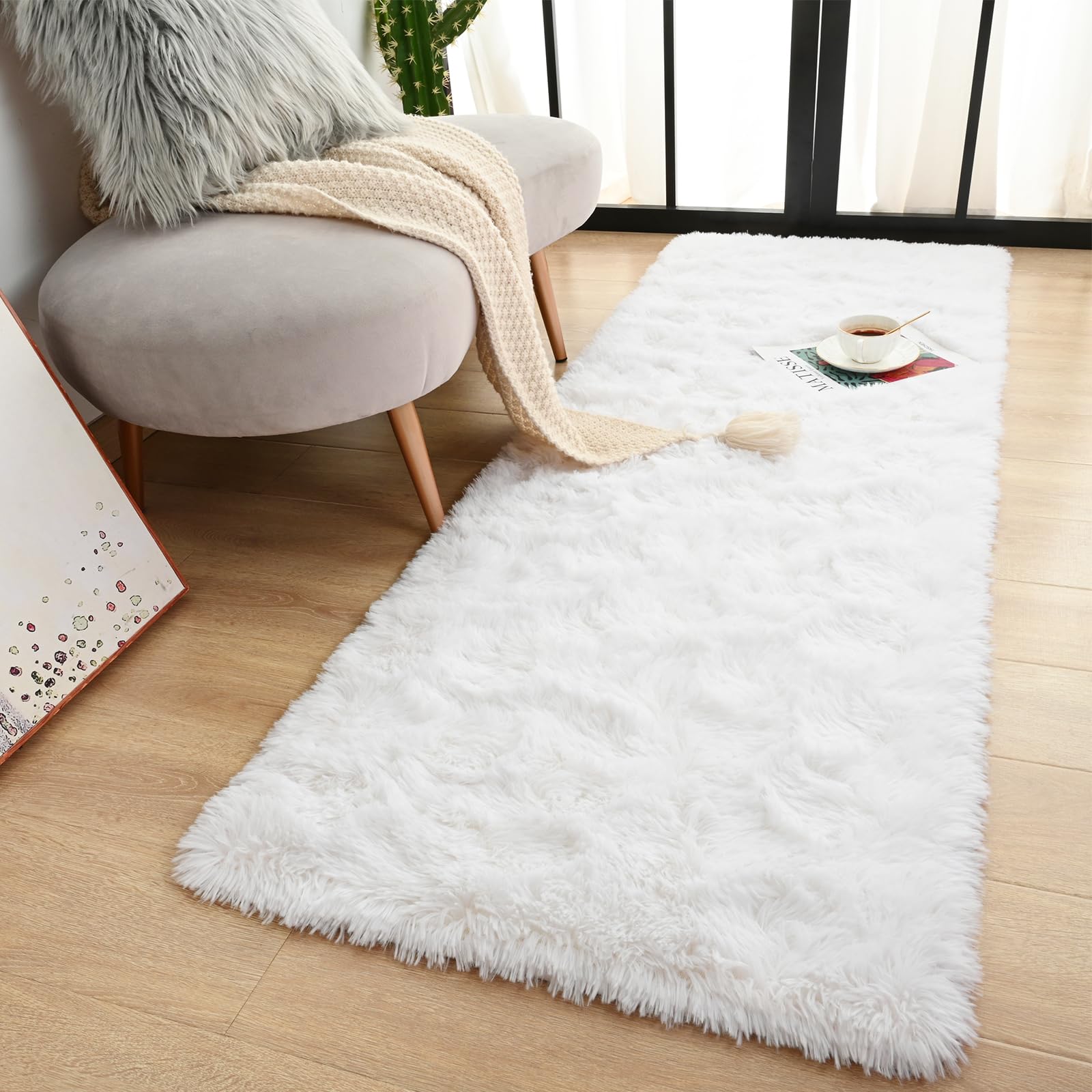 Terrug Fluffy Runner Rug for Bedroom Living Room, 2x6 White Area Rug Washable Shag Carpet, Super Soft Fuzzy Plush Non-Slip Cute Kids Rug for Nursery Hallway Bedside College Dorm Kids Room Decor