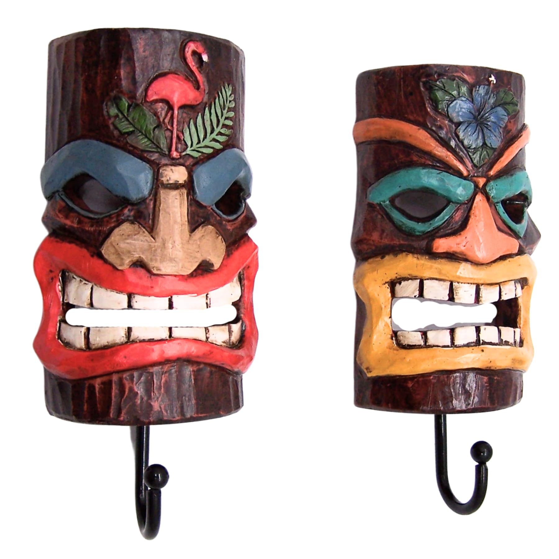 Tiki Mask Wall Hooks, Set of 2 Assorted Designs, Coastal Interior Design, Wall Mounted Decor, 6.5 Inches