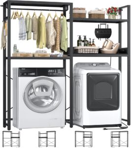 aheaplus over washer and dryer shelves with power outlet, 4 tiers space saver laundry room storage and organizer standing shelf, metal clothes drying rack with 1 hanger rod, 63" w x 77.2" h, black