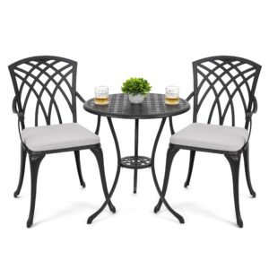 nuu garden bistro set 3 piece outdoor cast aluminum patio bistro set patio table and chairs set of 2 with umbrella hole and gray cushions, black