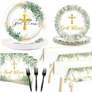 98pcs god bless plates baptism tableware first holy communion mi bautizo disposable tableware set with plates napkins tablecloth for newborn baby shower party christening religious party decorations