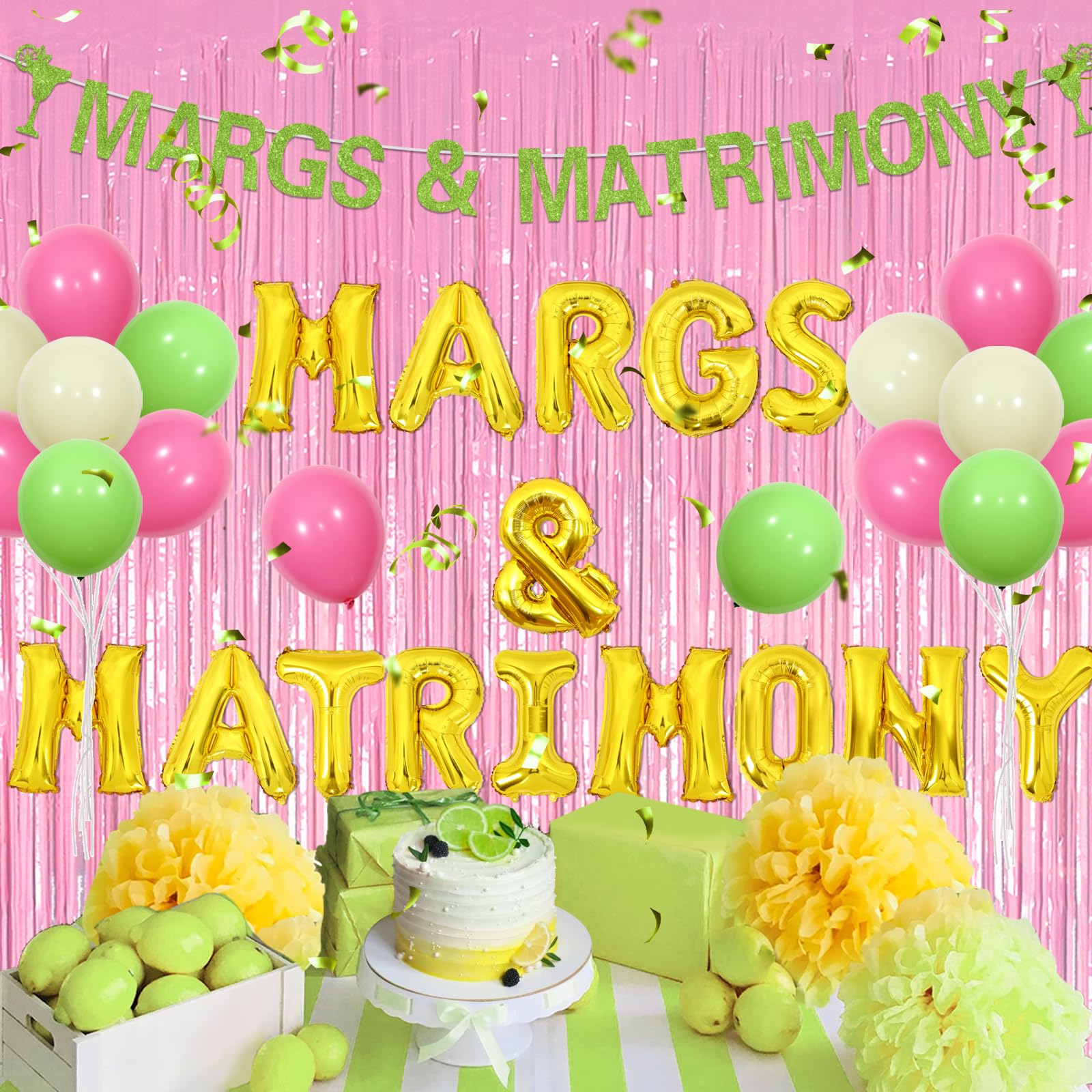 Balterever Margs and Matrimony Bachelorette Decoration Margs & Matrimony Balloon Banner Garland Margarita Lemon Ring Balloon Green for Margarita Bachelorette Party Wedding Mexican Fiesta Bridal Shower