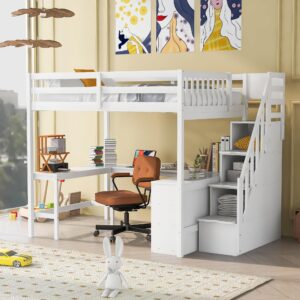 full size loft bed with stairs and desk, wood loft beds with storage staircase, high loft bed frame with bookcase shelves & l-shape desk for kids, teen, boys, girls, white