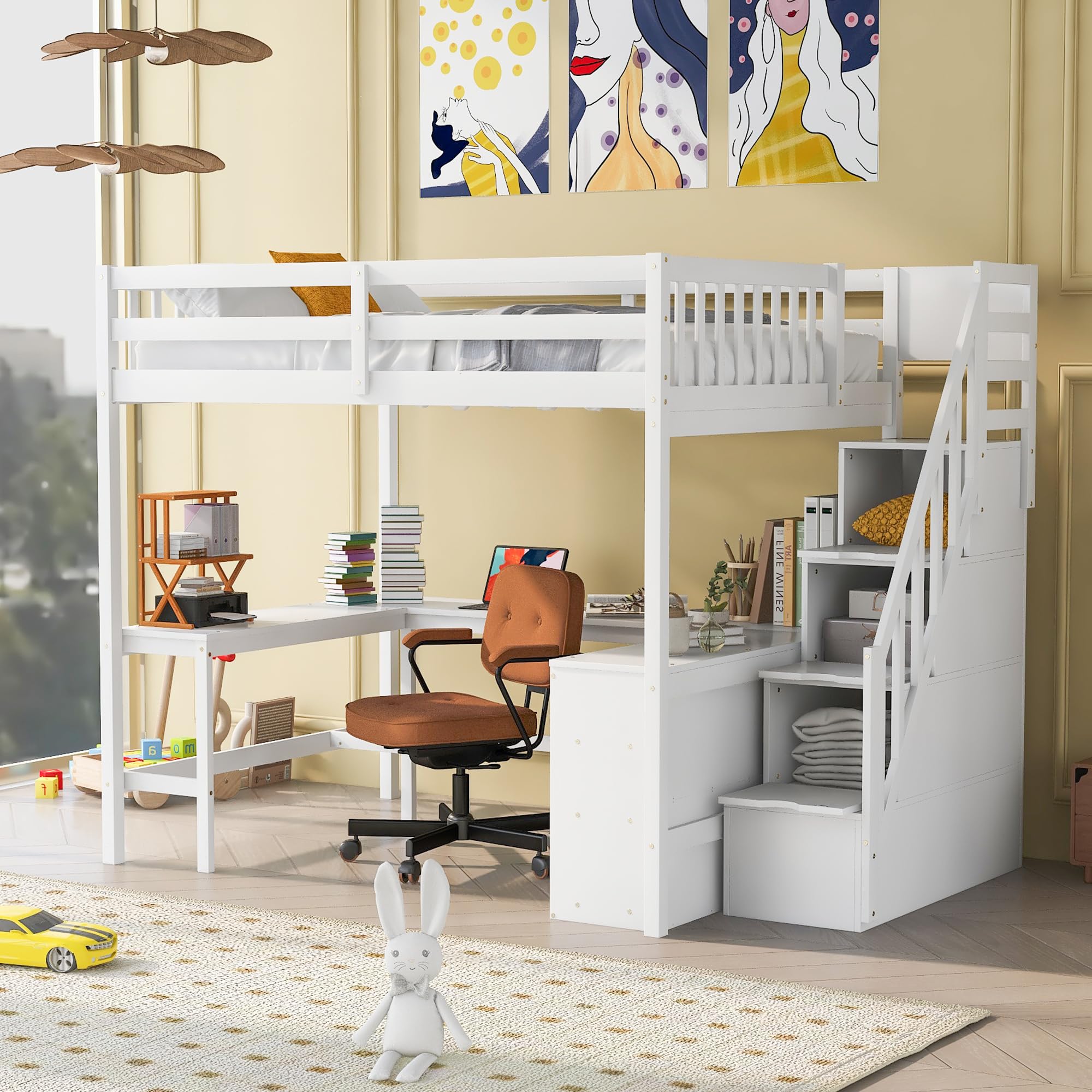 Full Size Loft Bed with Stairs and Desk, Wood Loft Beds with Storage Staircase, High Loft Bed Frame with Bookcase Shelves & L-Shape Desk for Kids, Teen, Boys, Girls, White