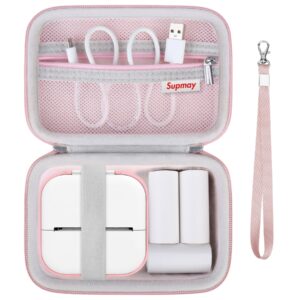 supmay hard case for memoking mini printer - sticker printer t02 portable thermal printer inkless sticker maker machine, storage case with mesh pocket for t02 thermal paper roll, usb cable, pink