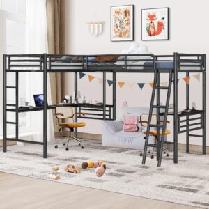 inclake twin size l-shaped loft bed with 2 built-in desks, metal loft corner bed with 2 ladders and safety guard rail, heavy-duty bunk bed for 2 children adults, space saving & no noise, black