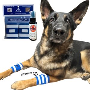 proud pet patches a better dog bandage for wound care, cone collar alternative. recovery bandage for dogs leg. cover & help licking of hot spots, lick granuloma, stitches w/hot spot spray (medium)