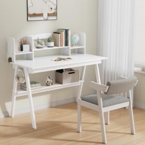 delavin 47.24" solid wood kids desk and chair set, white writing desk with drawers and hutch for kids, kids computer table and chair set for study room, bedroom, white