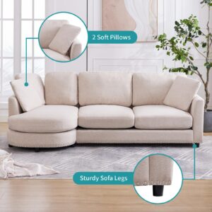 BALUS 89''W Sectional Sofa Couch with Chaise,Cloud Couch 3 Seat L-Shaped Sofa with 2 Throw Cushions, Modern Linen Fabric Beige Sectional Couches for Living Room