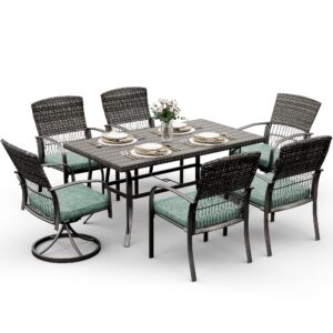 pamapic 7 piece patio dining set for 6,outdoor wicker furniture set for backyard garden deck poolside with 4 dining chairs and 2 swivel rockers,iron slats table top, removable cushions(green)