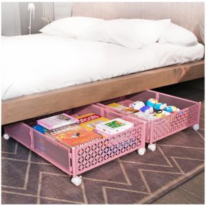 under bed storage with wheels - 2 pack - collapsible underbed containers dorm organizer bins for shoe shoes clothes toys - pink