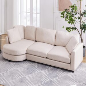 balus 89''w sectional sofa couch with chaise,cloud couch 3 seat l-shaped sofa with 2 throw cushions, modern linen fabric beige sectional couches for living room