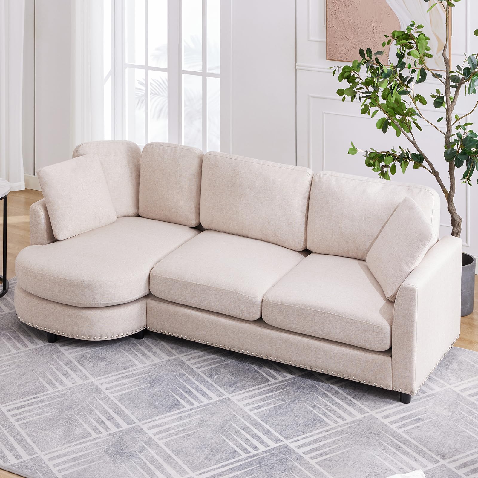 BALUS 89''W Sectional Sofa Couch with Chaise,Cloud Couch 3 Seat L-Shaped Sofa with 2 Throw Cushions, Modern Linen Fabric Beige Sectional Couches for Living Room