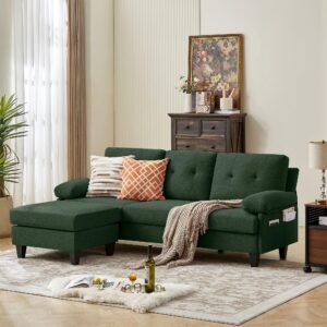 Pingliang Home Sectional Sofa Couch for Living Room, Deep 3-Seater L Shaped Couches 86" Convertible Sofas with Ottoman, Modern Linen Upholstered (Dark Green)