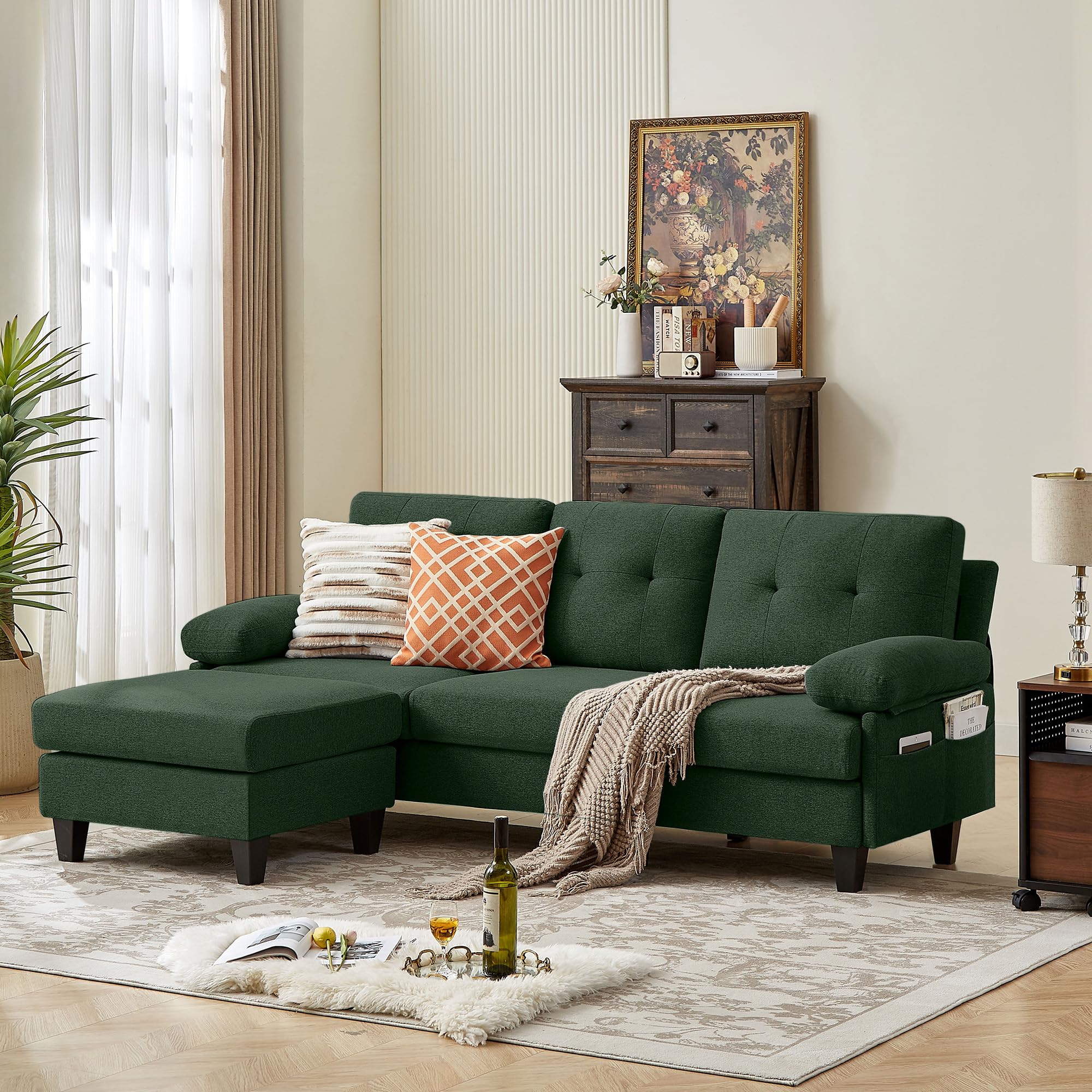 Pingliang Home Sectional Sofa Couch for Living Room, Deep 3-Seater L Shaped Couches 86" Convertible Sofas with Ottoman, Modern Linen Upholstered (Dark Green)