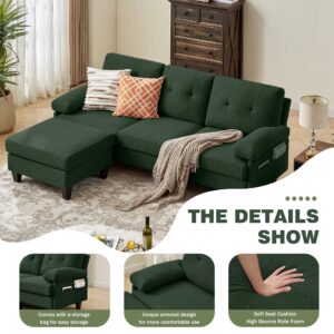 Pingliang Home Sectional Sofa Couch for Living Room, Deep 3-Seater L Shaped Couches 86" Convertible Sofas with Ottoman, Modern Linen Upholstered (Dark Green)