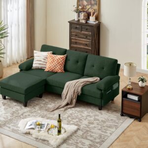 Pingliang Home Sectional Sofa Couch for Living Room, Deep 3-Seater L Shaped Couches 86" Convertible Sofas with Ottoman, Modern Linen Upholstered (Dark Green)